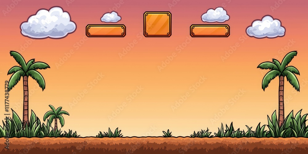 Pixel art sunset game background with palm trees, clouds, and orange UI ...