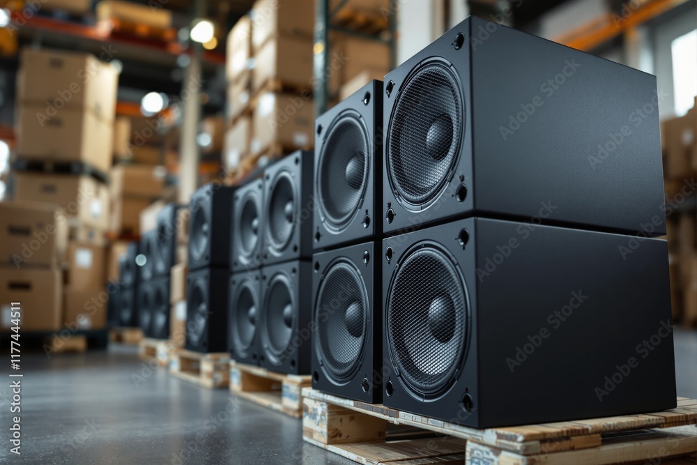 Multiple audio speakers placed on pallets, industrial warehouse ...