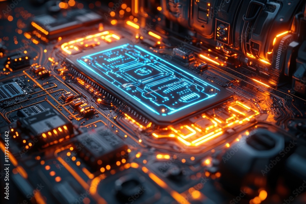 Glowing CPU on circuit board with futuristic components in a server ...