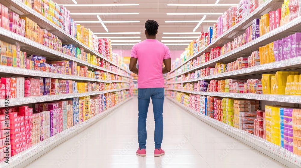 A shopper analyzing price tags and features of items on a retail shelf ...