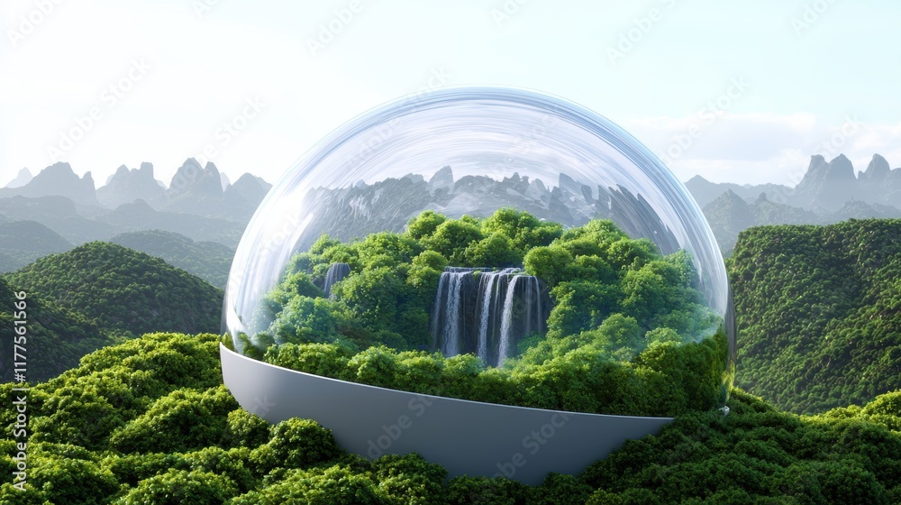 Self-sustaining Ecosystems. A futuristic glass dome encloses a lush ...