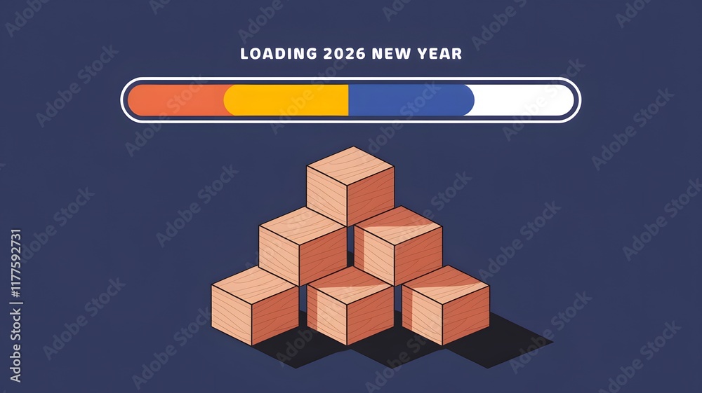 2026 New Year Loading. Loading bar with wooden blocks 2026 on blue ...