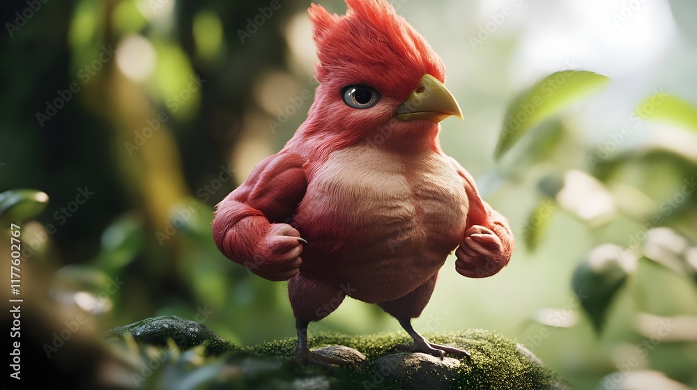 3D render of a muscular bird bodybuilder in a cinematic Unreal Engine style. Fusion of Strength ...