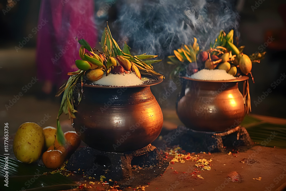 celebrating Traditional Thai Pongal festival to sun god with pot, lamp ...