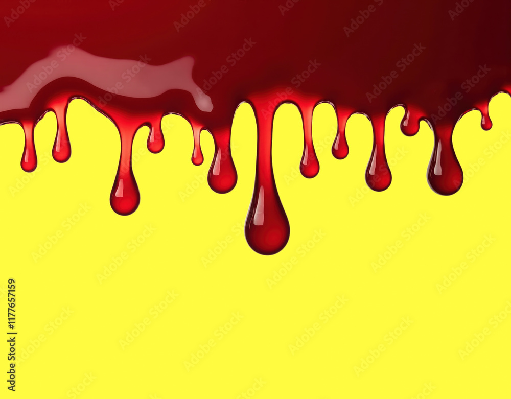 Stream of bright red blood drips and flows downward over yellow ...