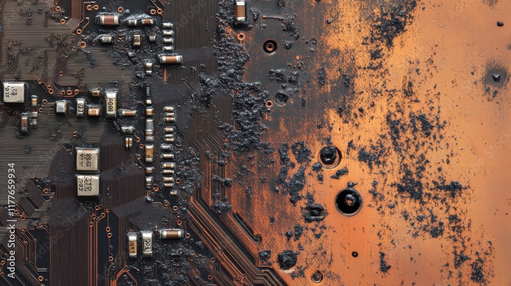 Close up view revealing a damaged motherboard with visible burn marks ...