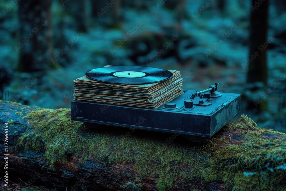 Vintage record player with a stack of vinyl records sits on a moss ...