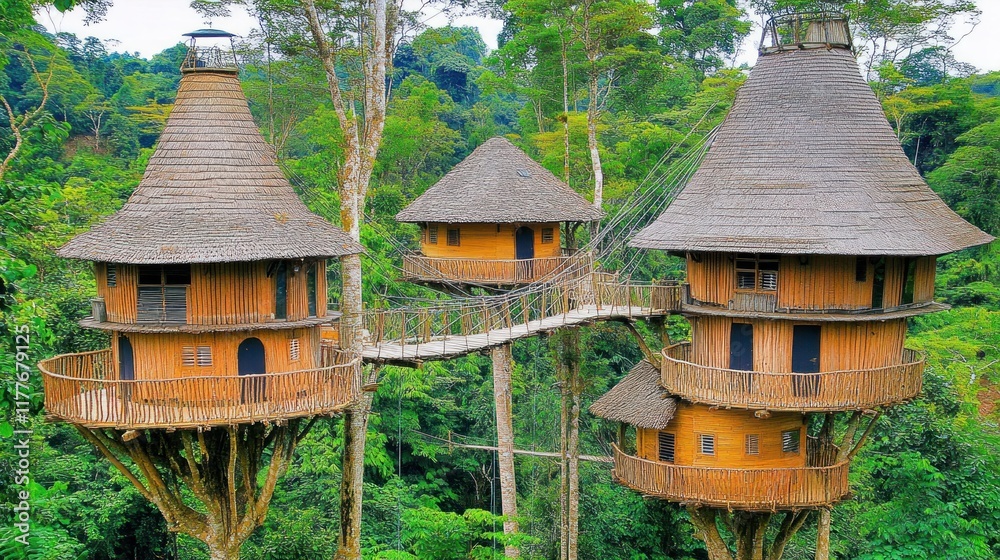 Wooden treehouses in a lush rainforest. Elevated structures connected ...
