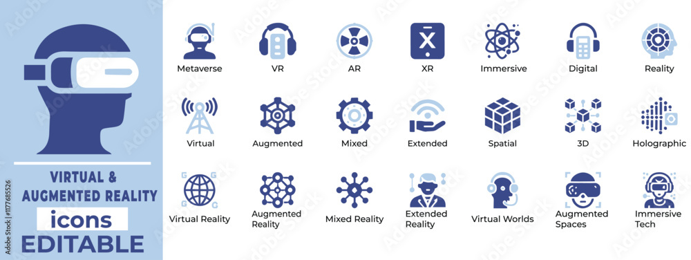 Virtual and Augmented Reality Icon Set Editable icons for AR VR tech ...