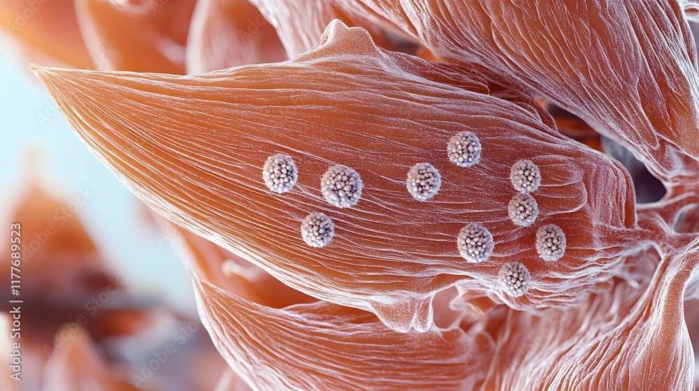 Detailed view of muscle tissue with striations and cell nuclei, a ...