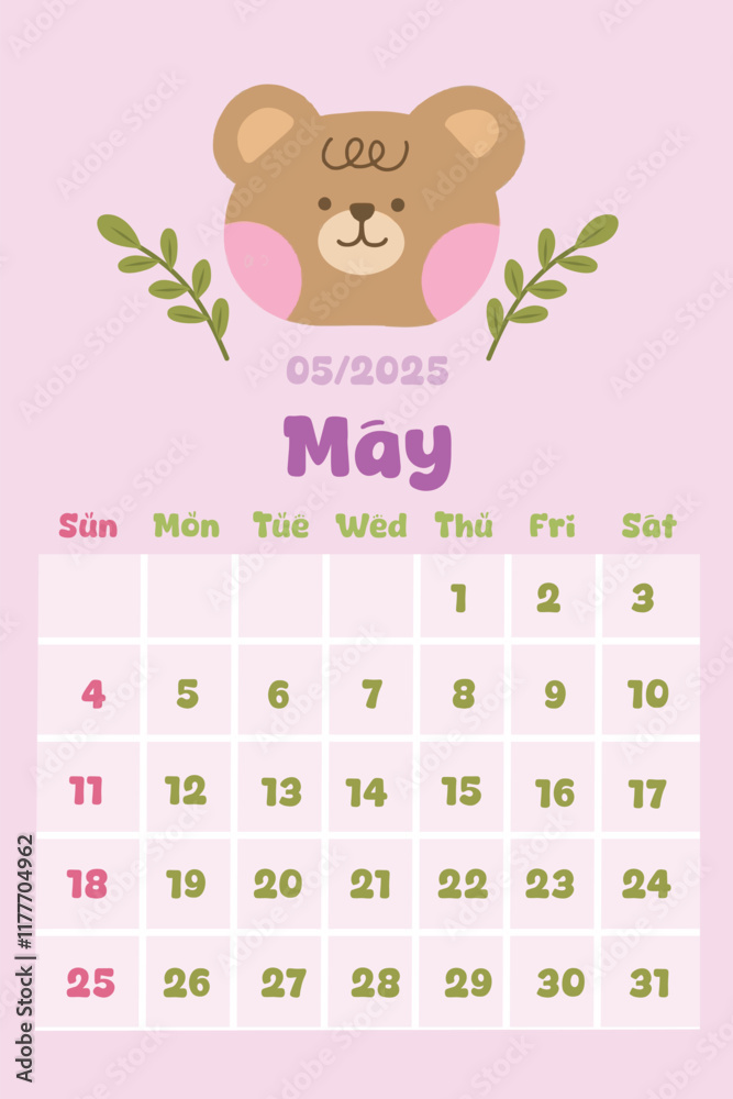 2025 calendar with cute kawaii style. Pastel Color. May Stock Vector ...