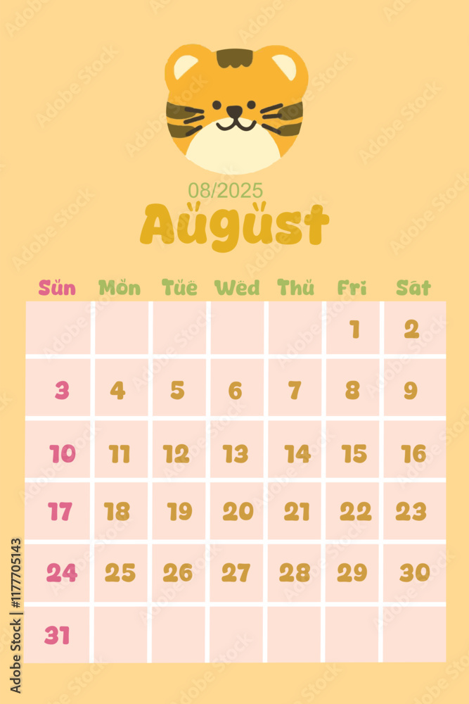 2025 calendar with cute kawaii style. Pastel Color. August Stock Vector ...
