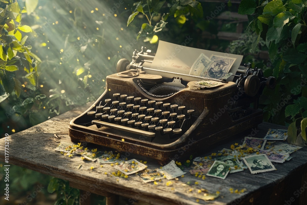 Stock-Foto „Vintage typewriter sits amidst sunlight and scattered ...
