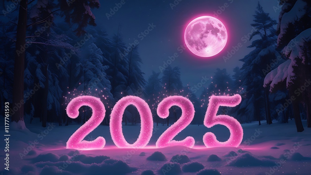 2025 happy new year 2025 text 2025 with beautiful moon, pink color new ...