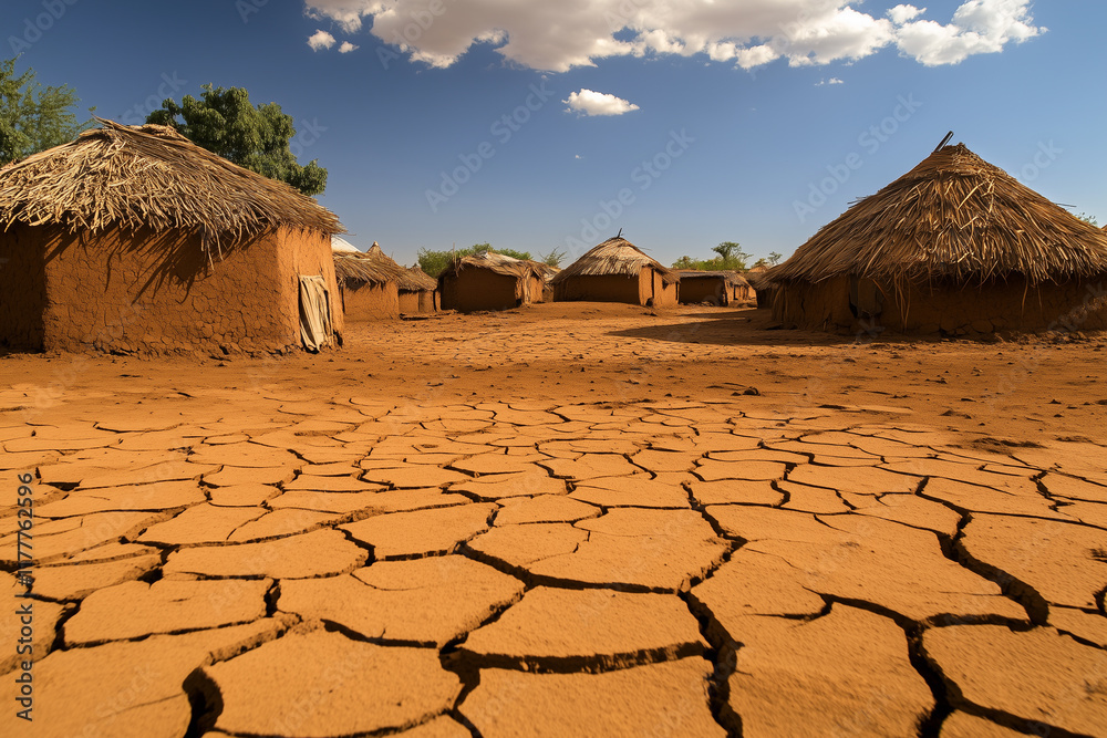 Deserted village in Africa with dry, cracked earth under a clear blue ...