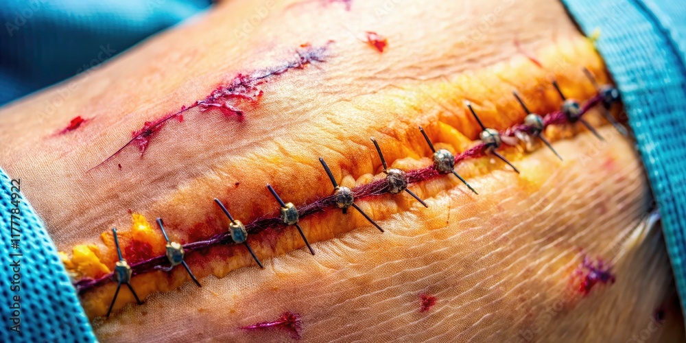 Surgical stitches dissolving, knee recovery underway. Close-up view ...