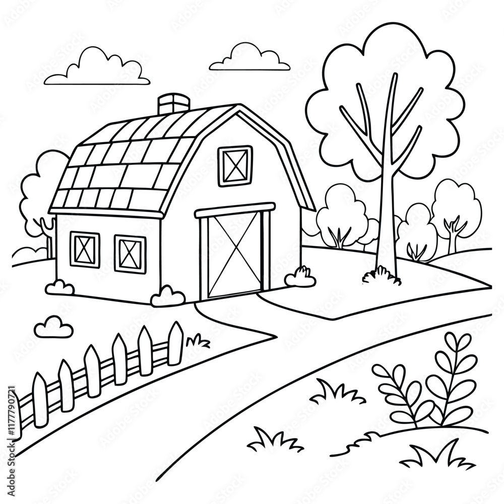Farm house, barn house coloring page for kids. Summer landscape vector ...