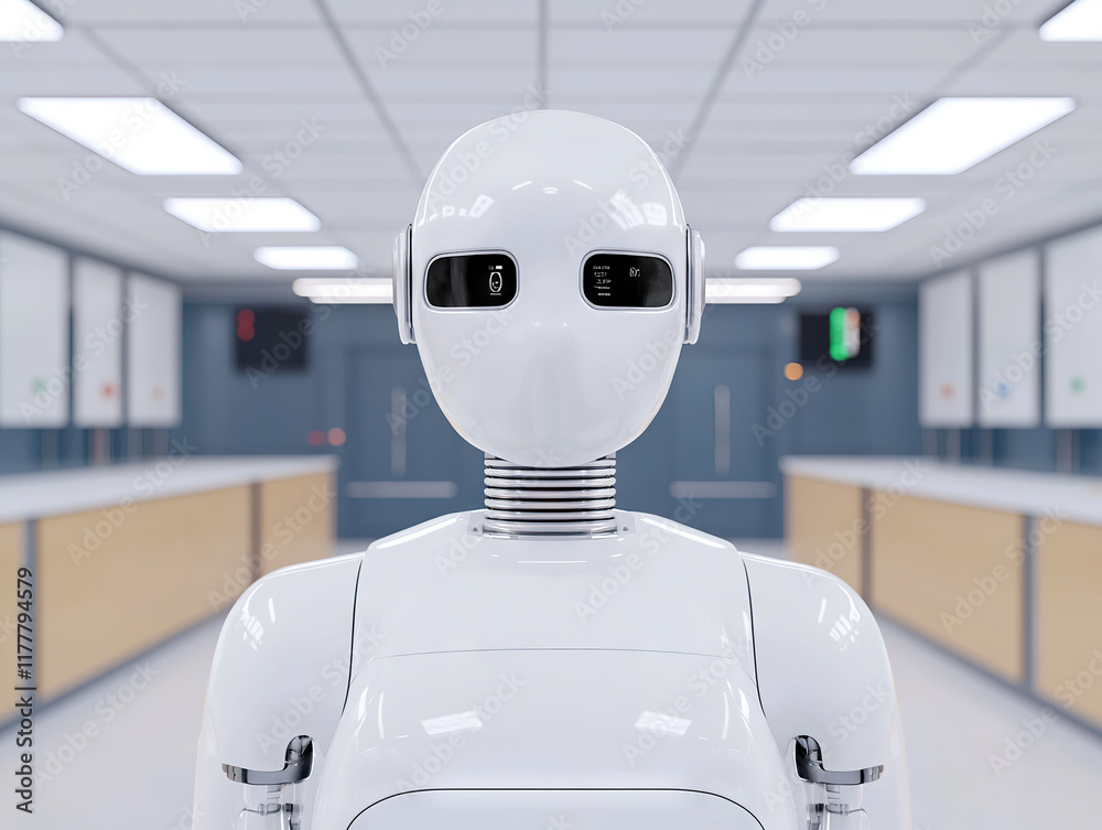humanoid robot with sleek white design standing in modern, well lit ...