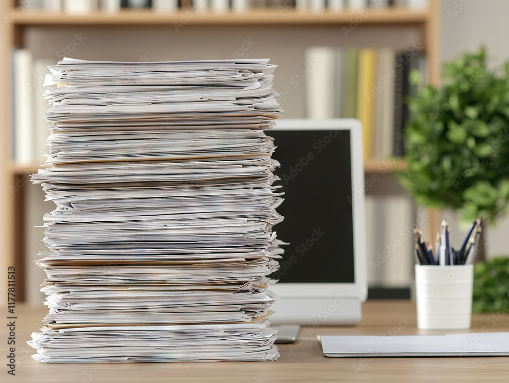 tall stack of paper documents on desk with computer and office supplies ...