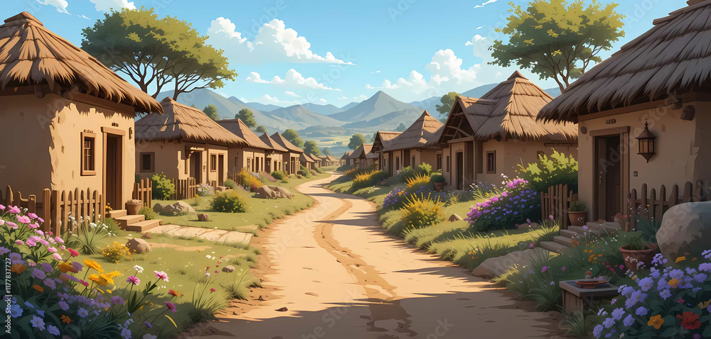 cartoon Background illustration Indian Village Pathway Stock Photo ...