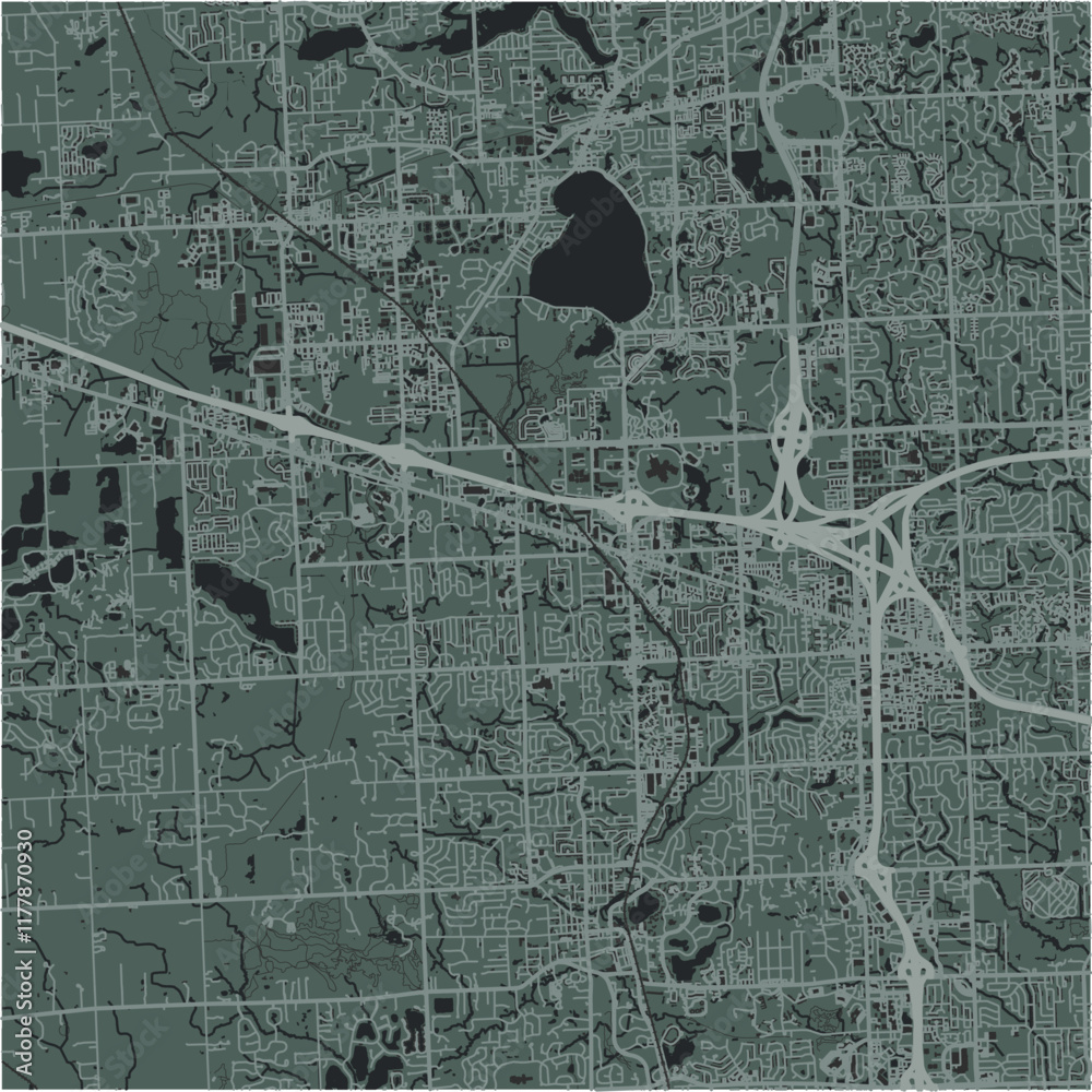 Map of Novi in Michigan in a smooth dark style. Contains layered vector ...