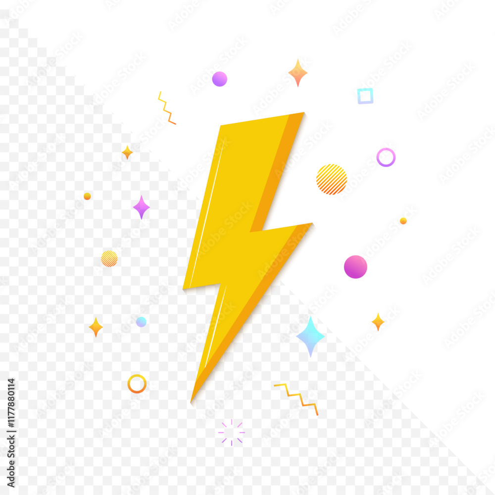 Yellow lightning bolt with icons around it. Flash symbol, thunderbolt ...