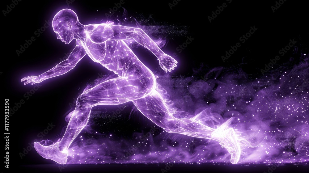A runner bursts forward, leaving behind a radiant purple trail. The ...