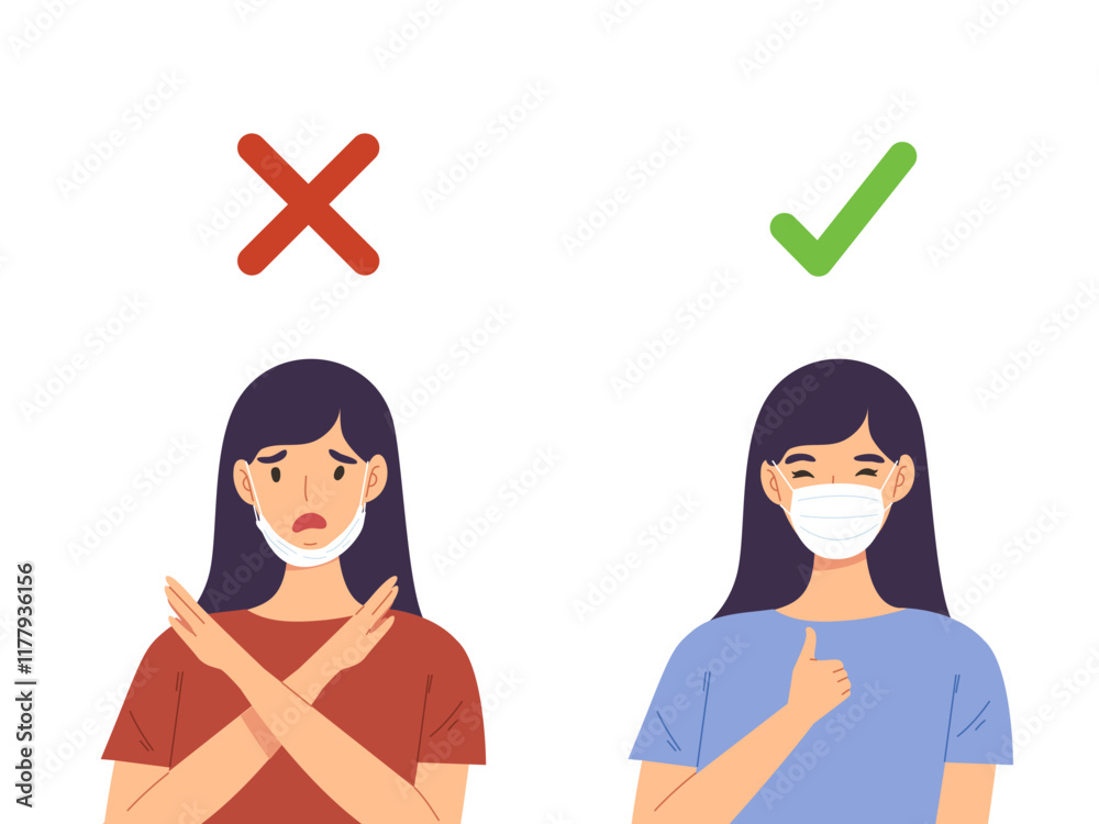 Two sample of right and wrong way to wear face mask. COVID-19 ...