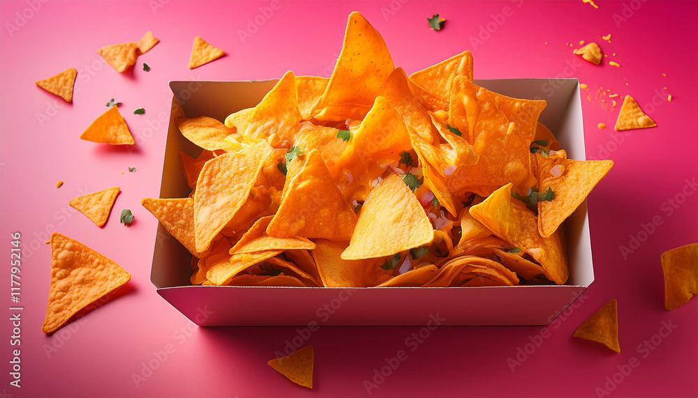 fiery pink background with a box of cheesy nachos shooting the highly ...