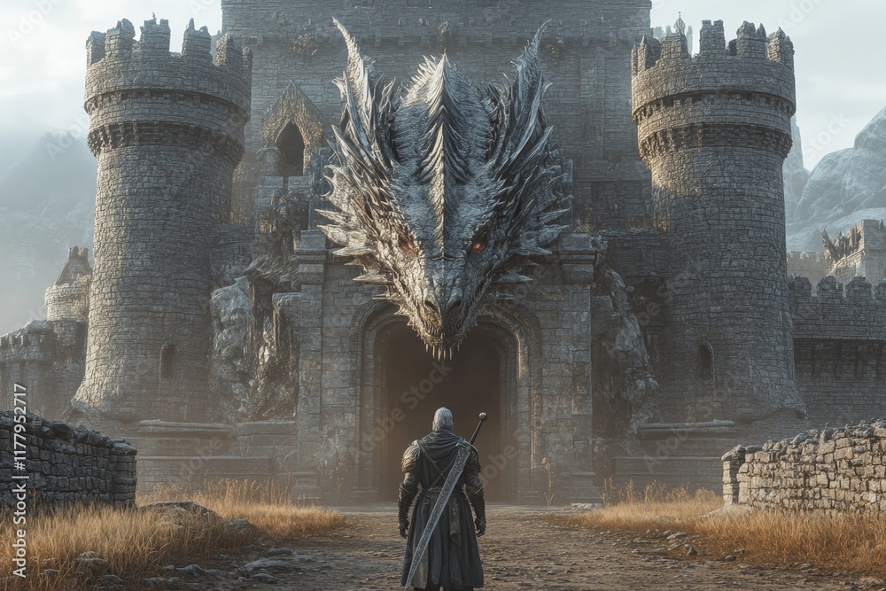 Epic dragonborn knight stands boldly before an ancient castle in a ...