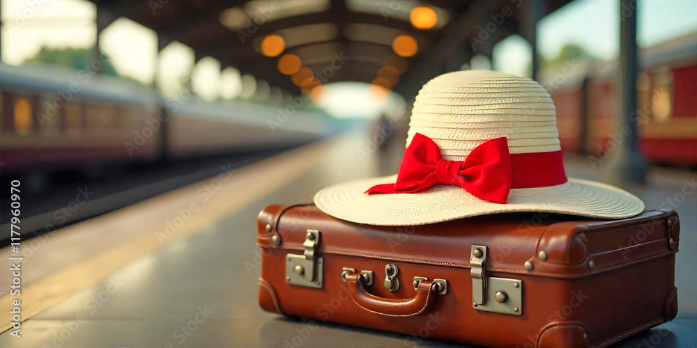 Vintage brown leather suitcase with large white straw hat tied with a ...