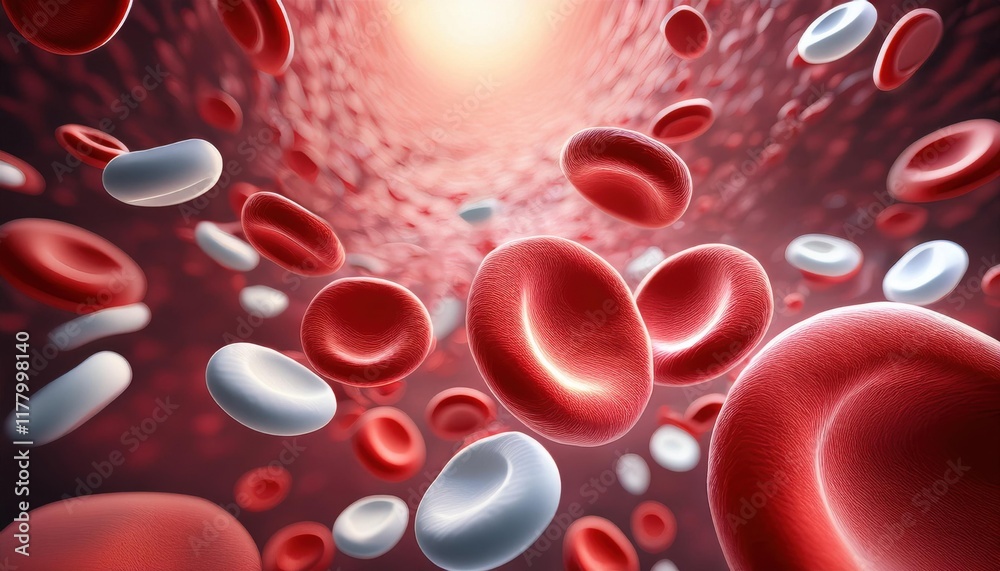 Red blood cells and white blood cells flowing in a vein or artery ...