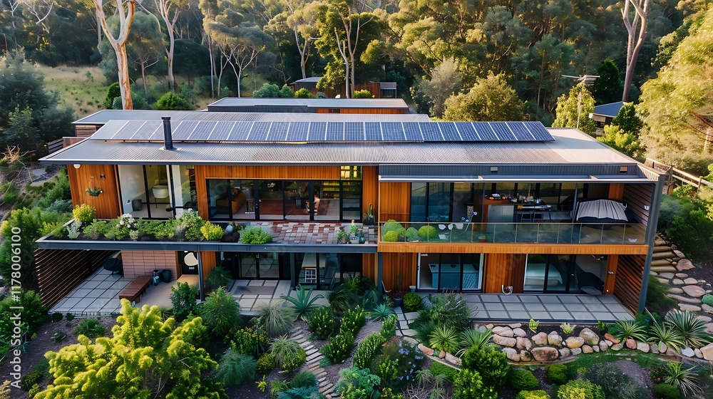 A modern eco-friendly house with solar panels on the roof, rainwater ...