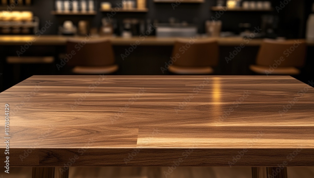 Close-up of an empty walnut table with a blurred luxury restaurant ...