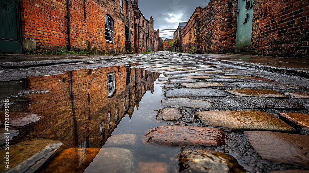 Cobblestone street with puddle reflecting old brick buildings under ...