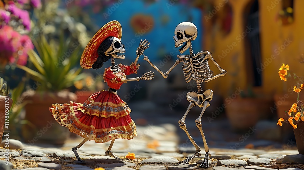 Skeleton Couple Dancing in Colorful Mexican Traditional Attire ...