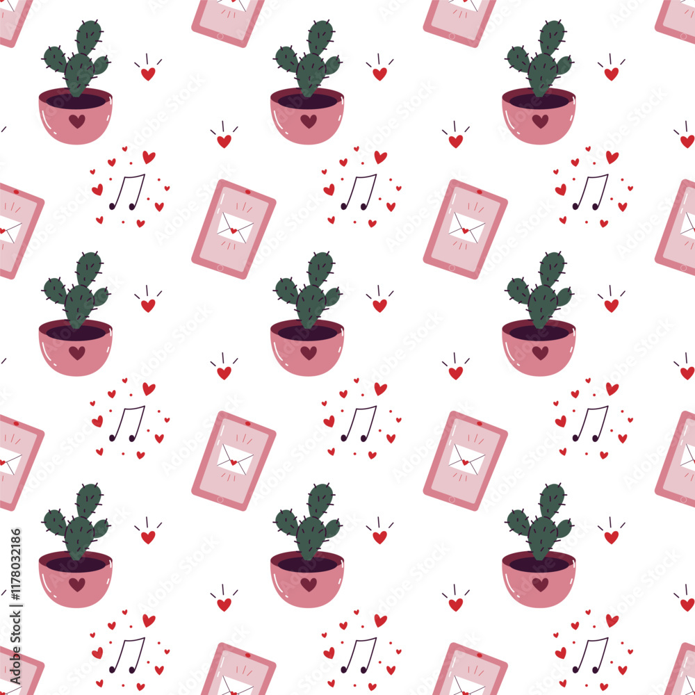 Love seamless background with cactus, tablet and music note with heart ...