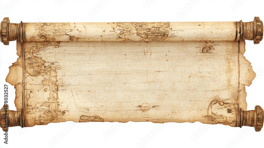 Realistic open parchment scroll isolated on transparent background. Vector illustration of old ...