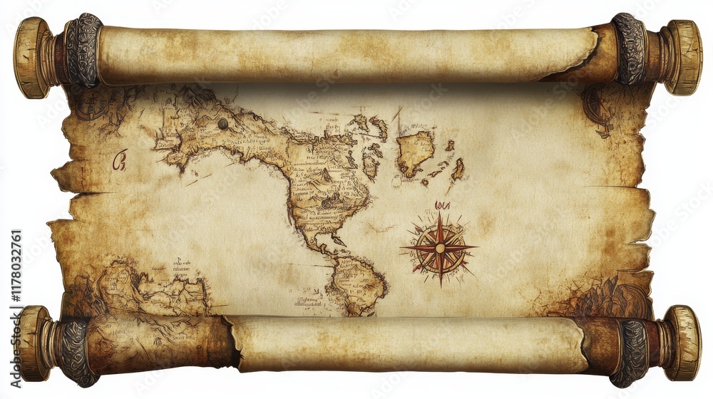 Realistic open parchment scroll isolated on transparent background. Vector illustration of old ...