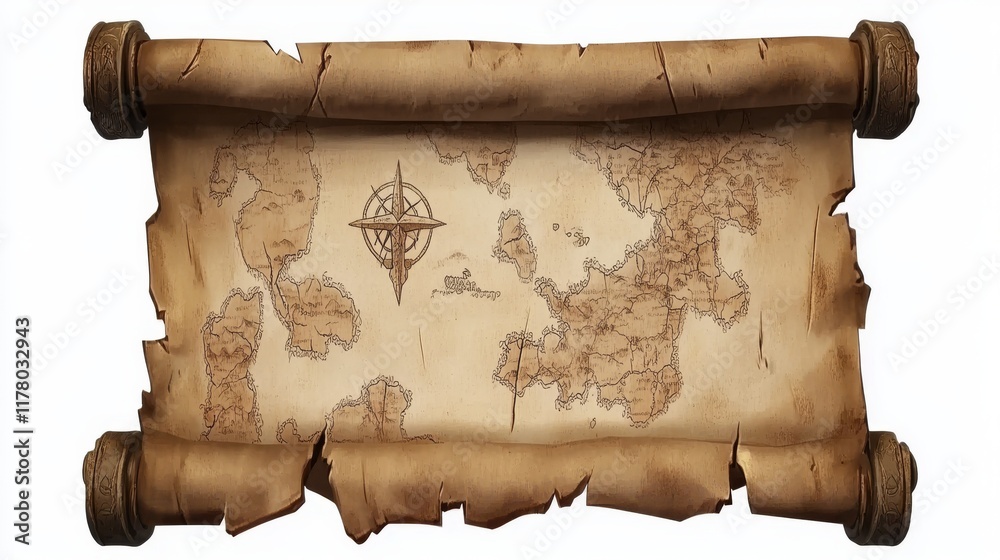 Realistic open parchment scroll isolated on transparent background. Vector illustration of old ...