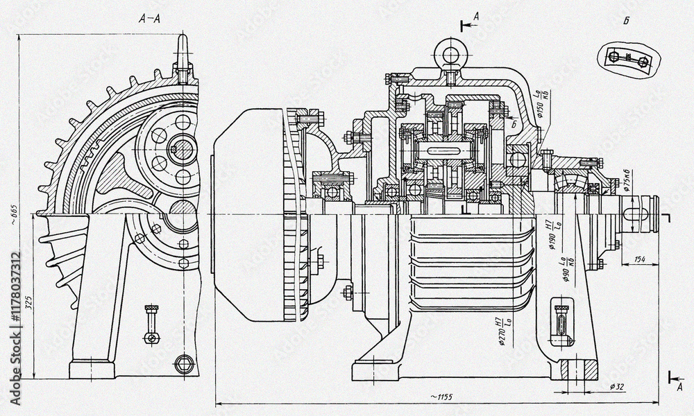 Engineering mechanical pencil drawing of steel device (reducer, gearbox ...
