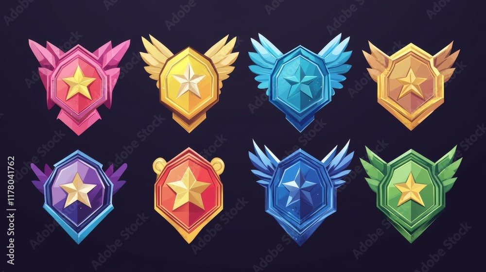 Medal and badge with star and wings for game ui level rank design ...