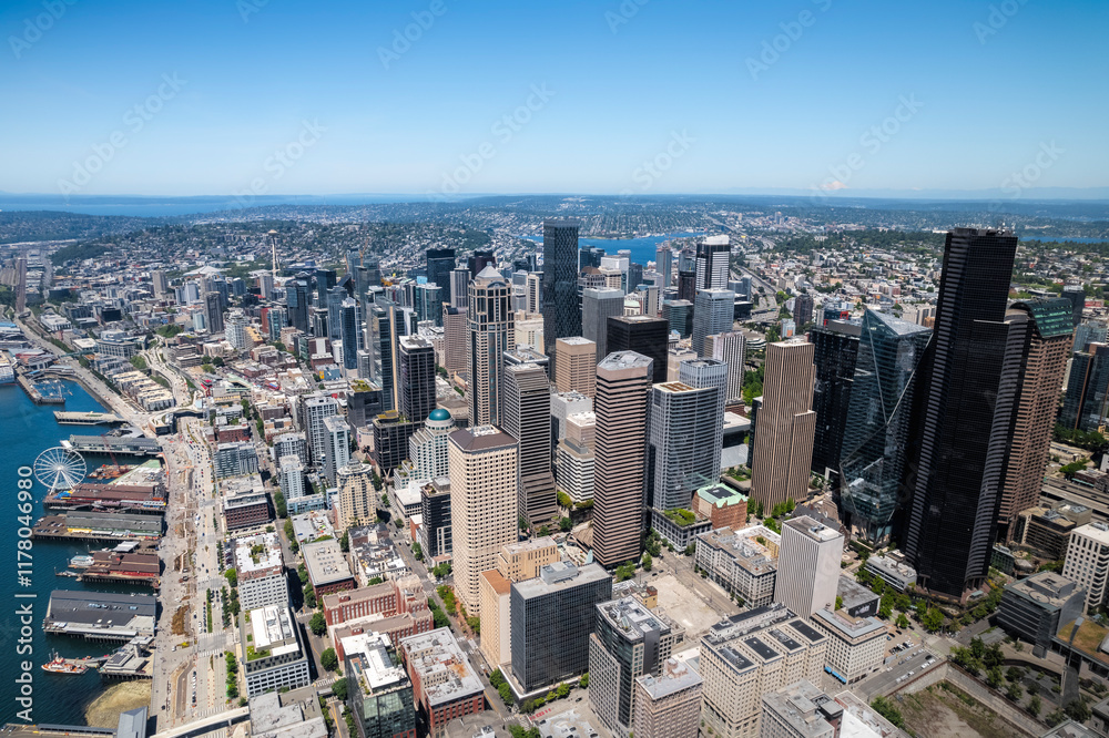 Seattle Aerial View of Downtown City Skyscraper Buildings Stock Photo ...
