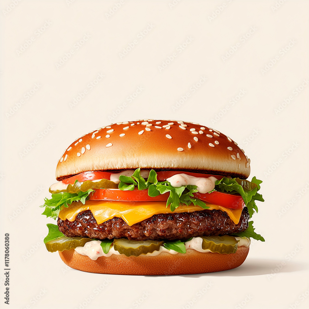 A realistic, moderate-height burger on a pristine white background. A ...