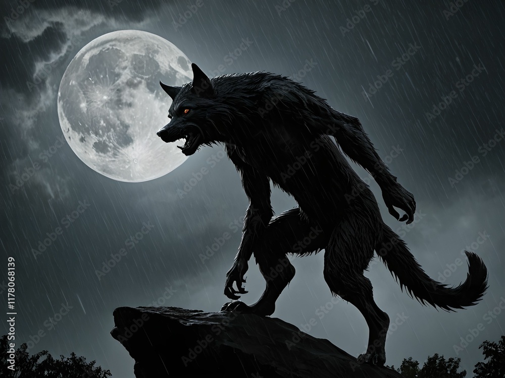 wallpaper representing an aggressive and scary werewolf. At night on a ...