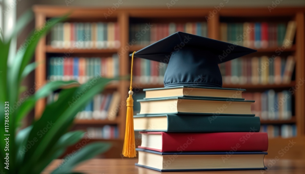 Graduation cap sits atop stack of books in library. Academic ...