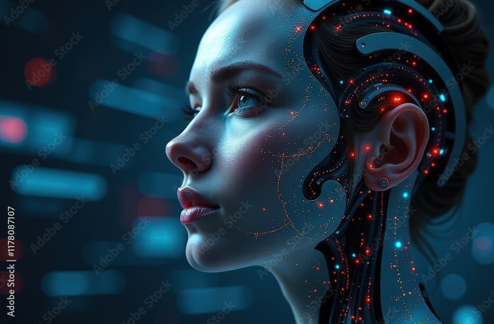 Beautiful cyborg woman with machine part of her face and reflection of ...
