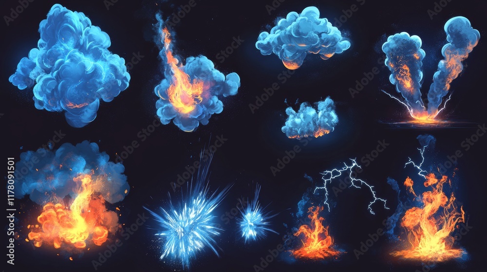 Magic explosion, bomb boom game effect. Blue and orange fire blast with ...