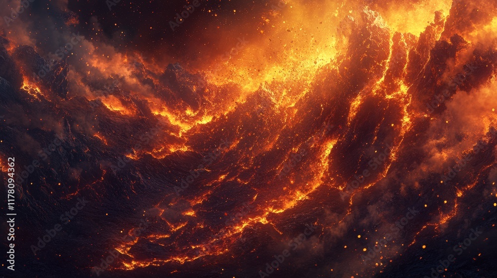 Liquid lava splashes with fire and drops. Molten magma waves and ...