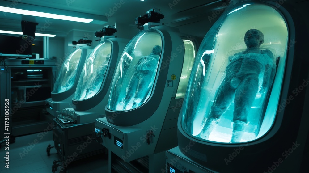 Cryonics capsules, empty and full futuristic containers, glass tubes ...